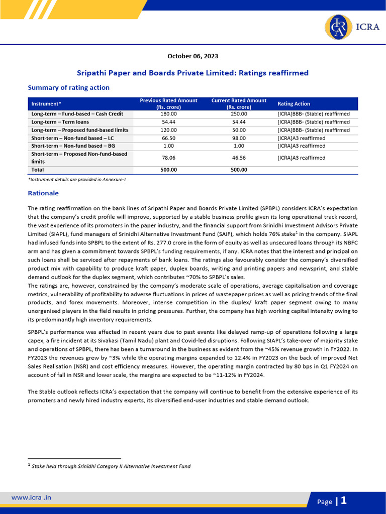 Sripathi Paper Ratings Reaffirmed 2023 | PDF | Loans | Debt