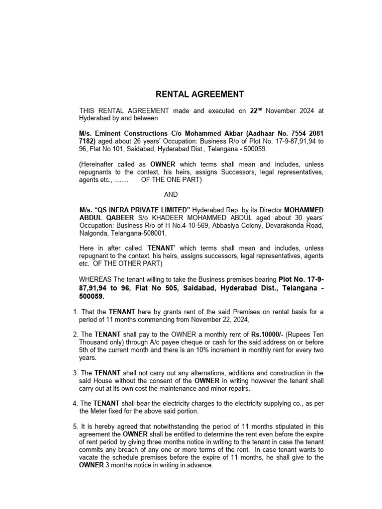 Rental Agreement for Commercial Premises | PDF | Leasehold Estate | Lease