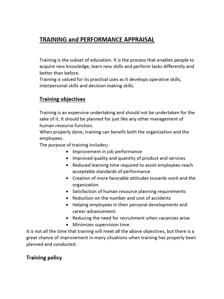 TRAINING and PERFORMANCE APPRAISAL | PDF | Performance Appraisal | Learning