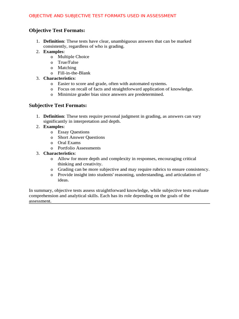 Objective vs Subjective Test Formats | PDF