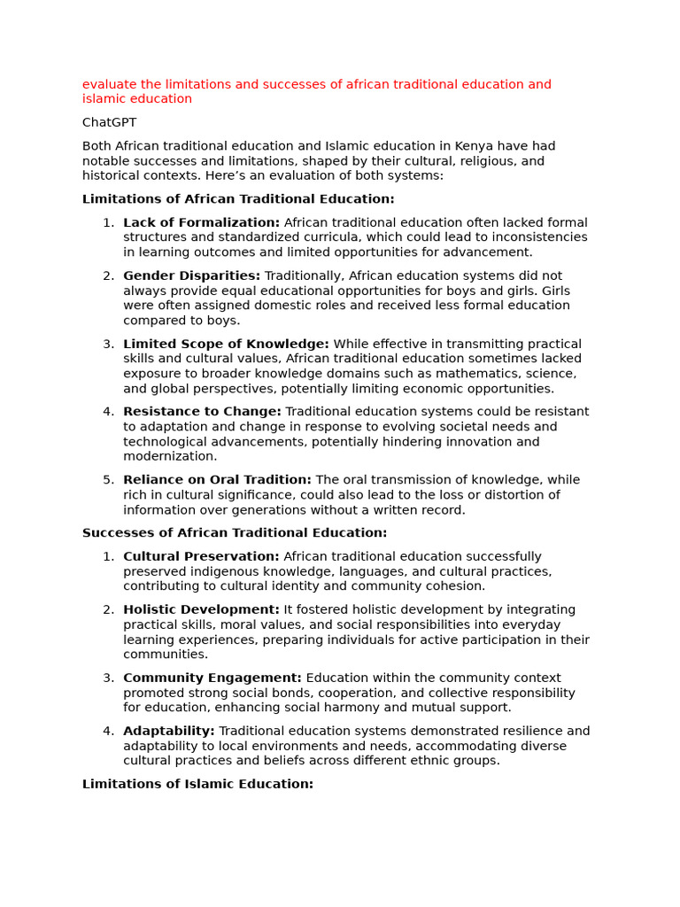 Evaluate The Limitations and Successes of African Traditional Education ...