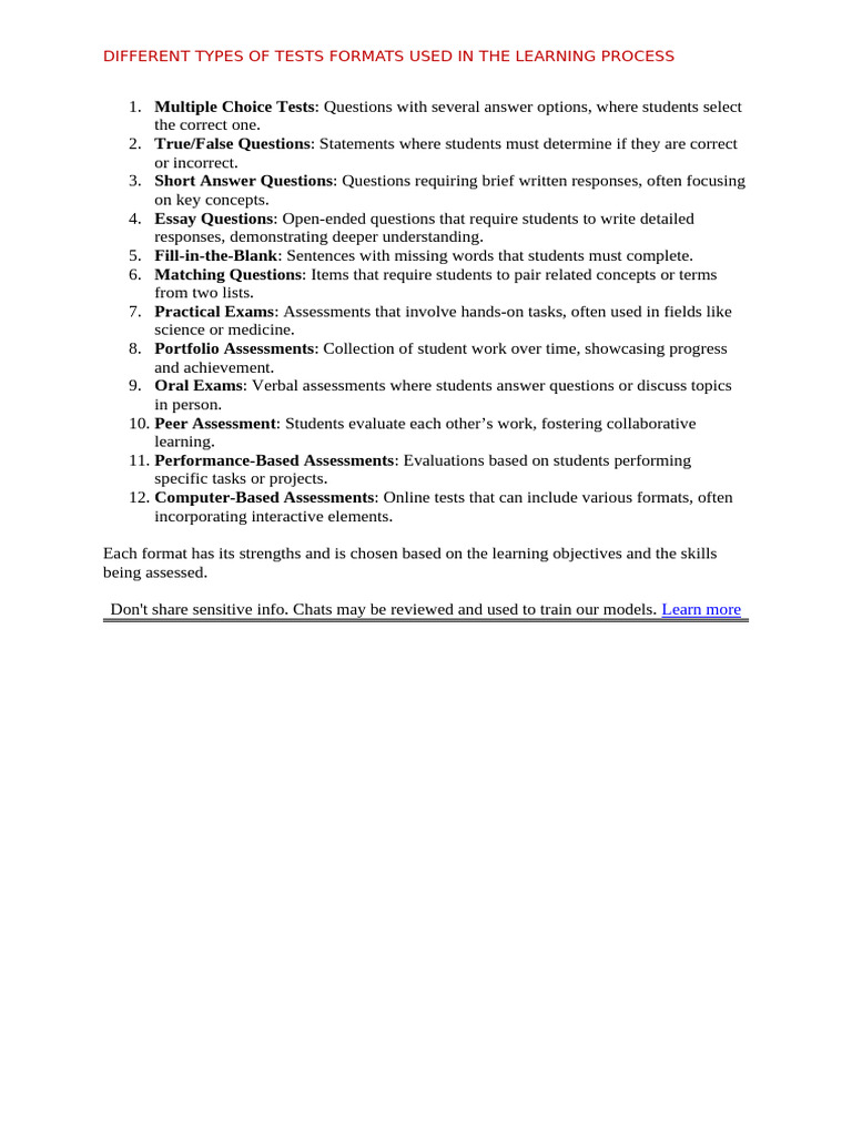 Types of Tests Formats Used in The Learning Process | PDF