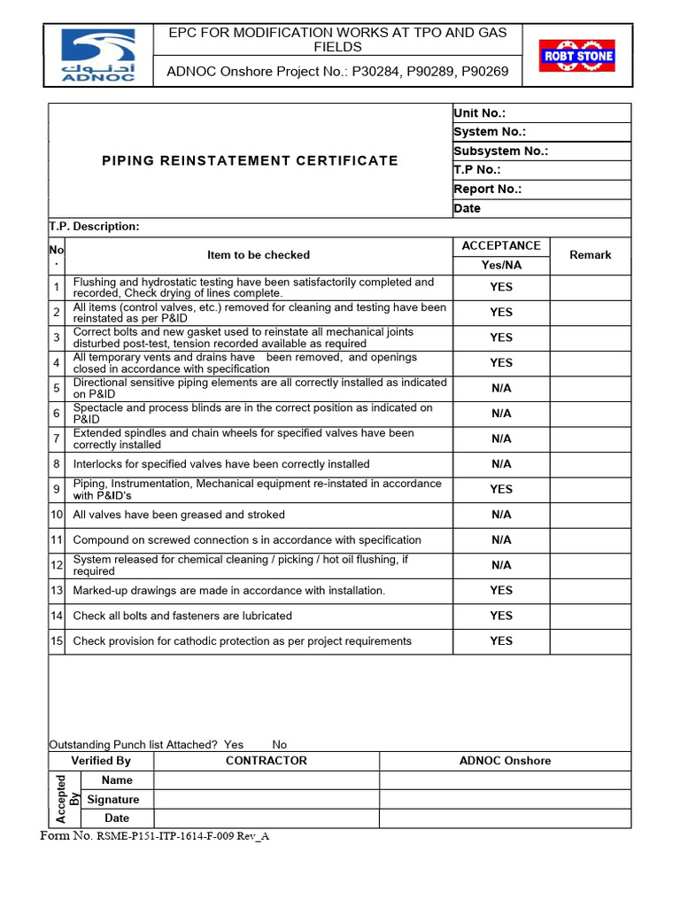 Piping Reinstatement Certificate | PDF | Equipment | Gas Technologies