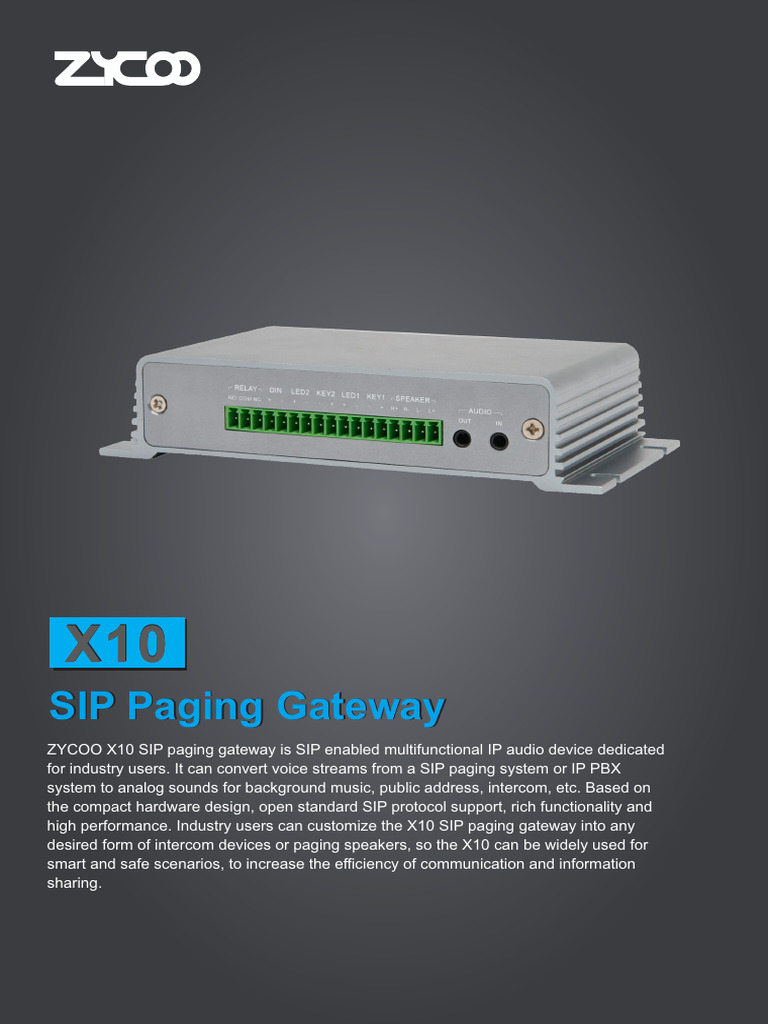 X10 SIP Paging Gateway Datasheet | PDF | Session Initiation Protocol | Sound Recording And ...