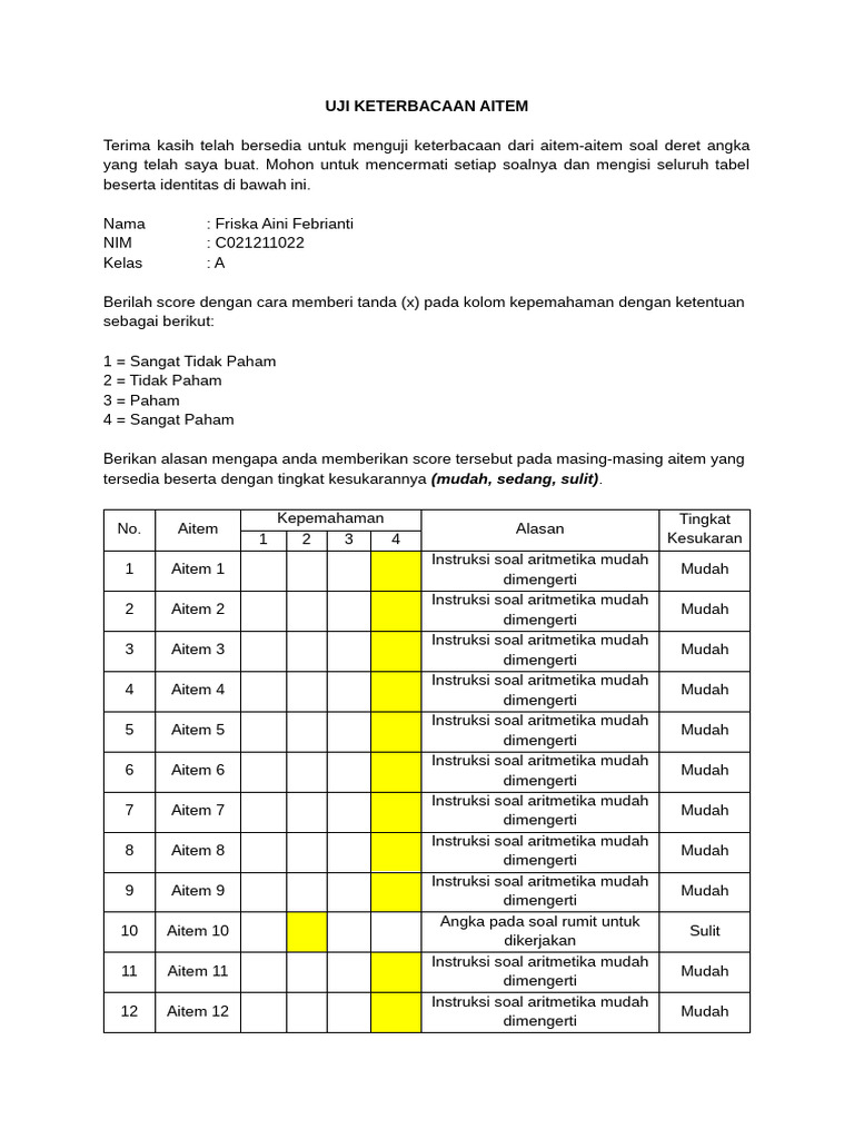 Form Uji Keterbacaan Friska | PDF