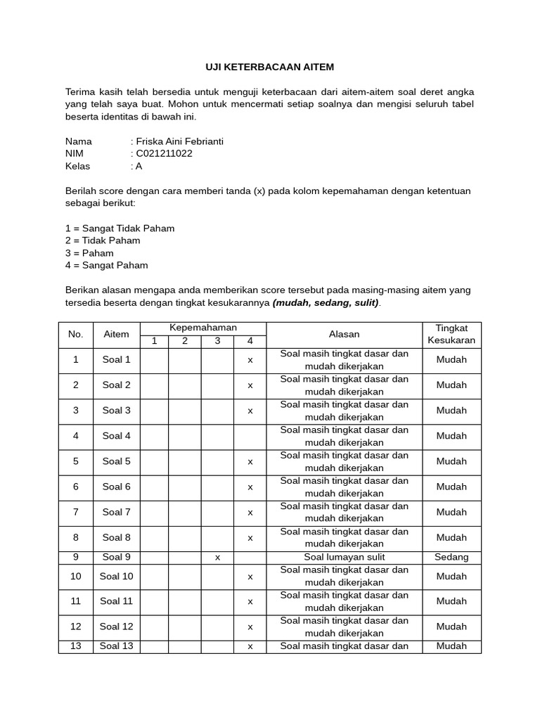 Form Uji Keterbacaan Aitem Deret Angka Friska | PDF