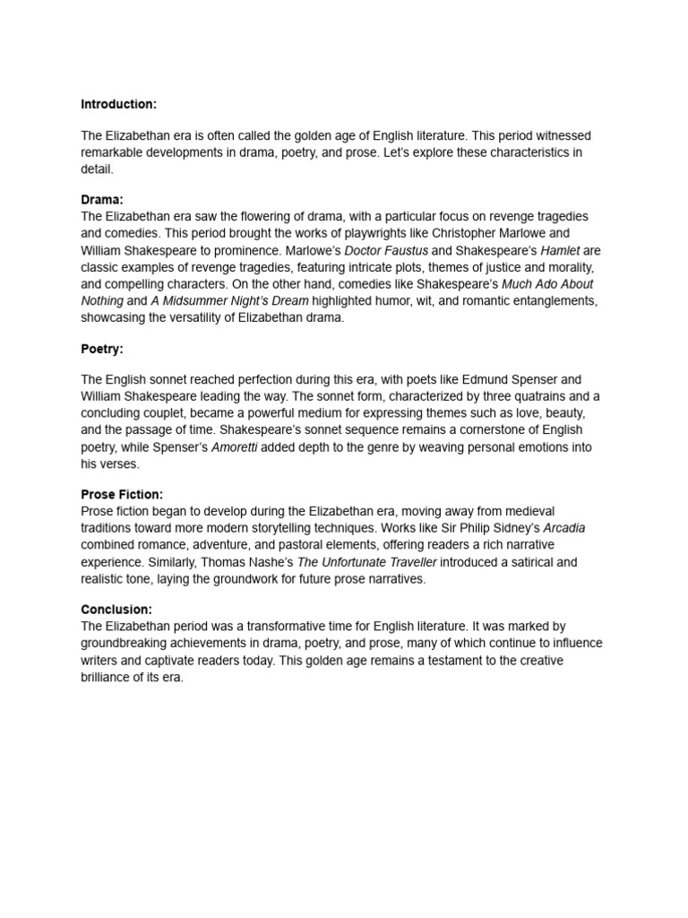 Characteristics of Elizabethan Literature | PDF