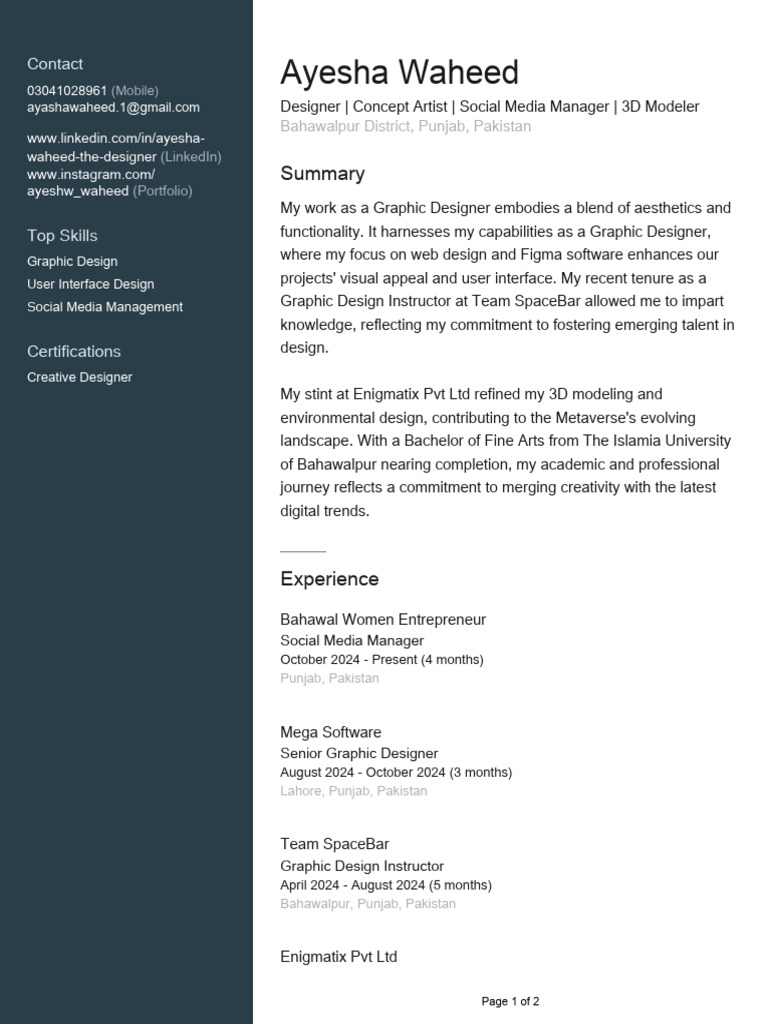Ayesha Waheed Resume | PDF | Graphic Design | Design