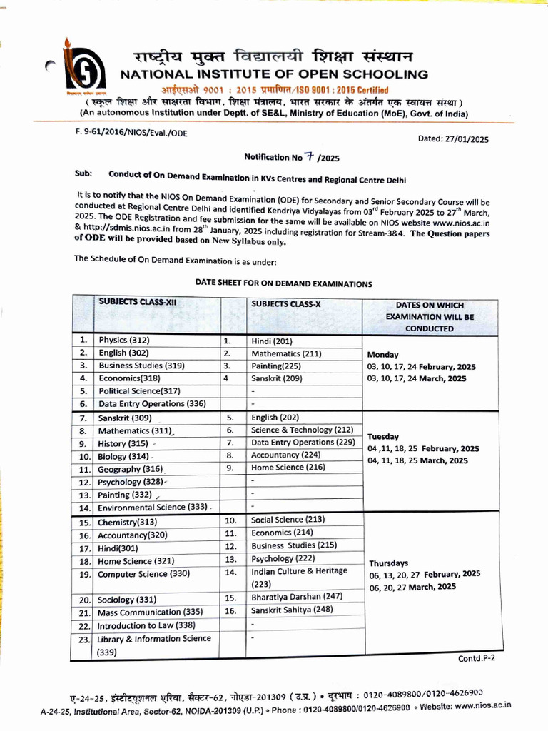 Date Sheet Nios On Demand Exam | PDF | Science