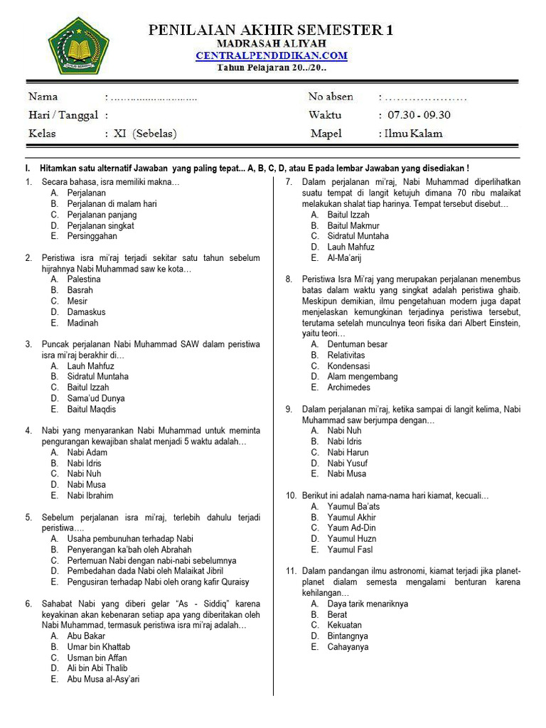 centralpendidikan.com - PAS Ilmu Kalam Kelas 11 | PDF