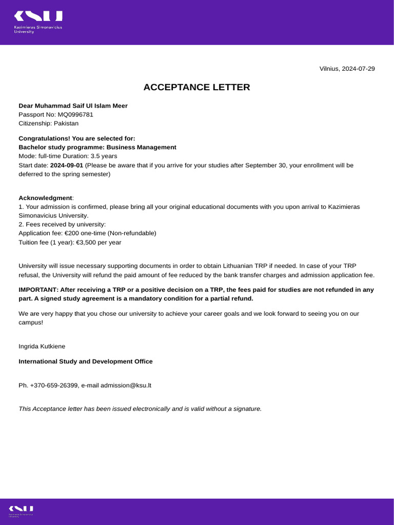 Acceptance Letter - 2024 - (Muhammad Saif Ul Islam Meer) | PDF | Invoice | Fee