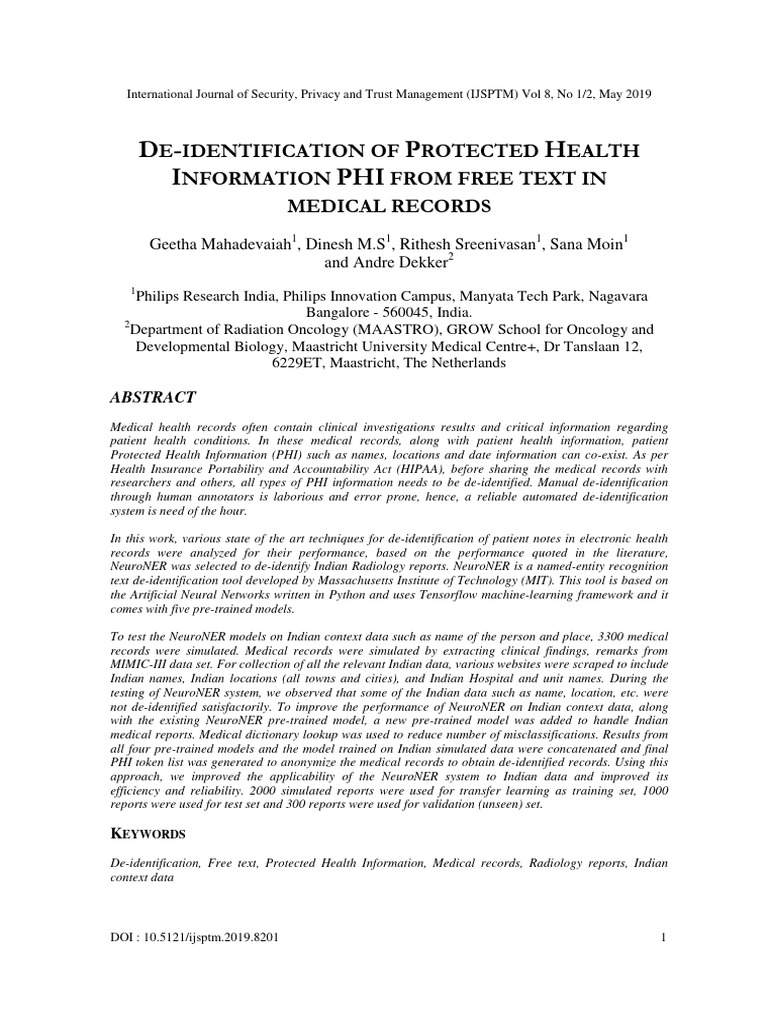 DE-Identification of Protected Health Information PHI From Free Text in Medical Records | PDF ...