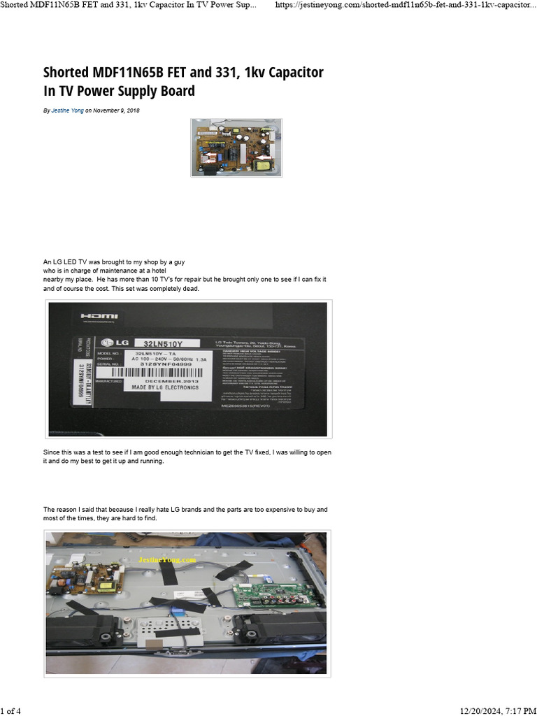 Shorted MDF11N65B FET and 331, 1kv Capacitor in TV Power Supply Board ...