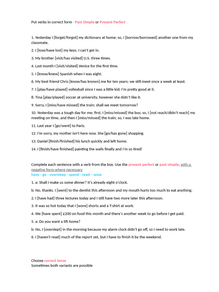 Verb Tense Exercises: Past Simple & Present Perfect | PDF | Perfect (Grammar)