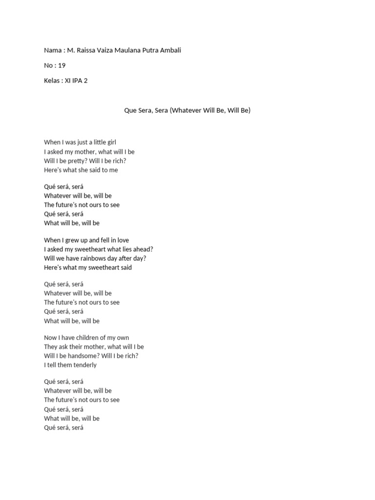 Analysis of "Que Sera, Sera" Song | PDF