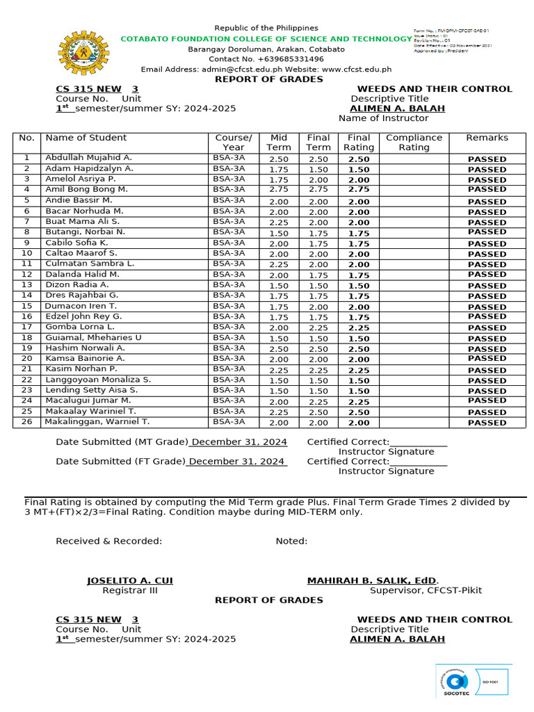 CS 315 Weeds Control Grade Report | PDF