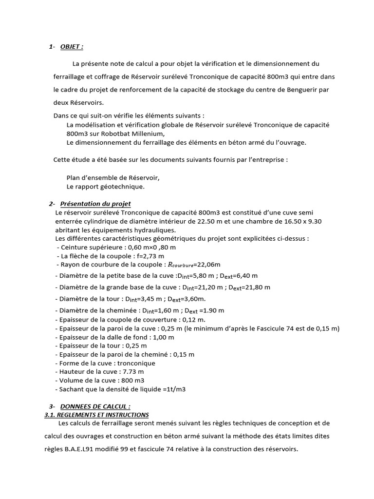 Dimensionnement Réservoir Tronconique 800m3 | PDF | Béton armé ...