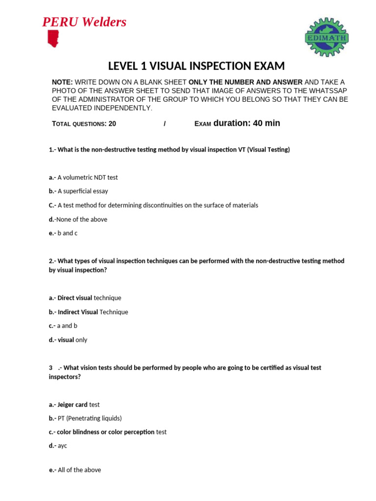 Examination VISUAL INSPECTION LEVEL - 1 PDF | PDF | Steel | Construction