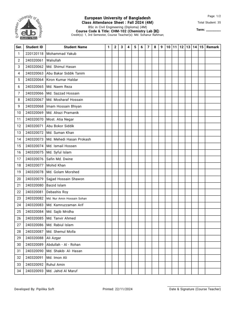 Manual Attendance Sheet - i-EMS - EUB | PDF | Bangladesh