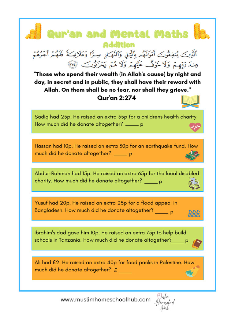 Mental Maths and Quran Worksheet Pack For Kids by Muslim Homeschool Hub ...