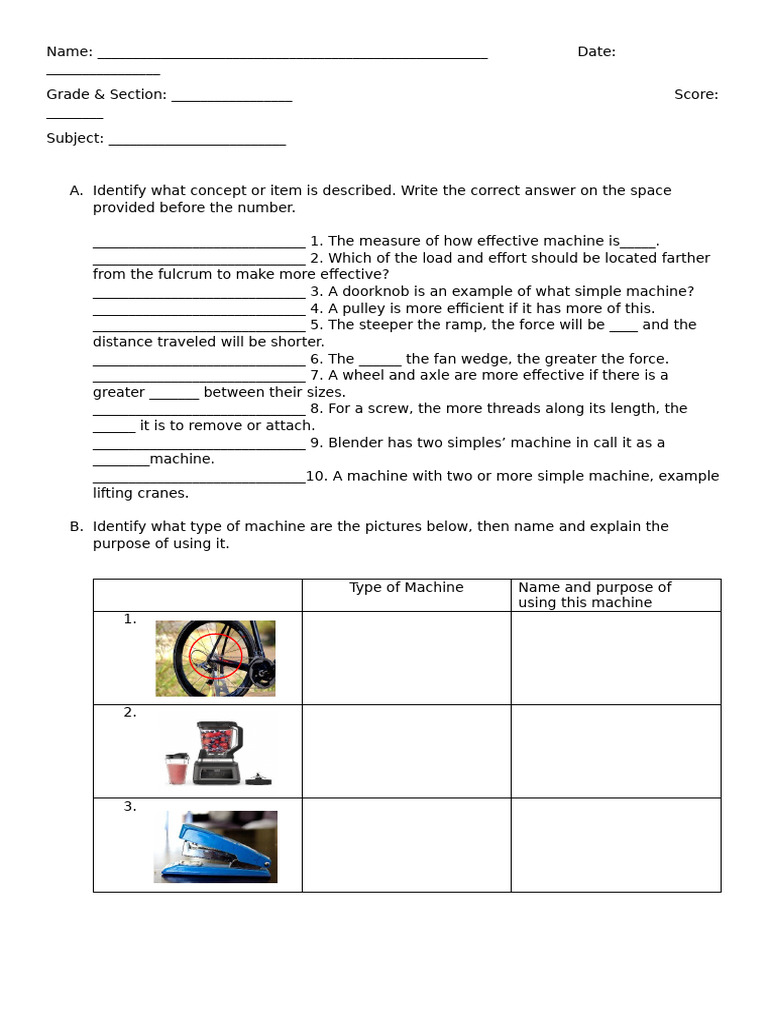 Simple Machines Identification Quiz | PDF