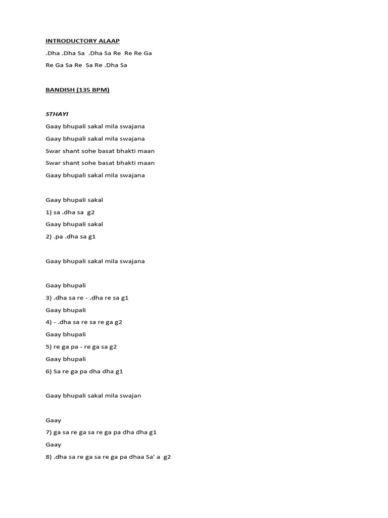 Raag Bhupali: Alap and Bandish Notation | PDF
