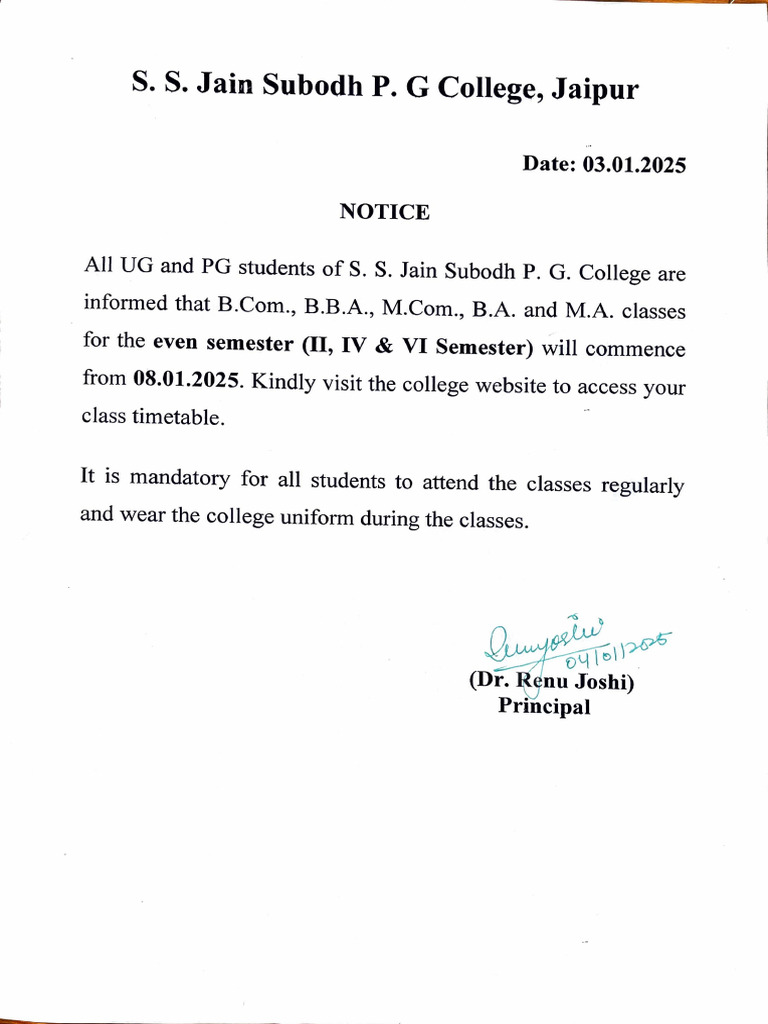 Notice for Commencement of Classes | PDF