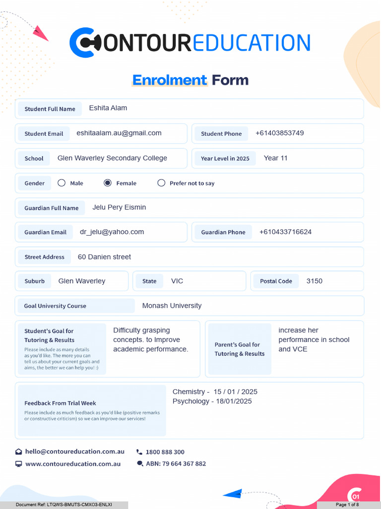 Contour Education - Enrolment Form (2025 - Eshita) | PDF