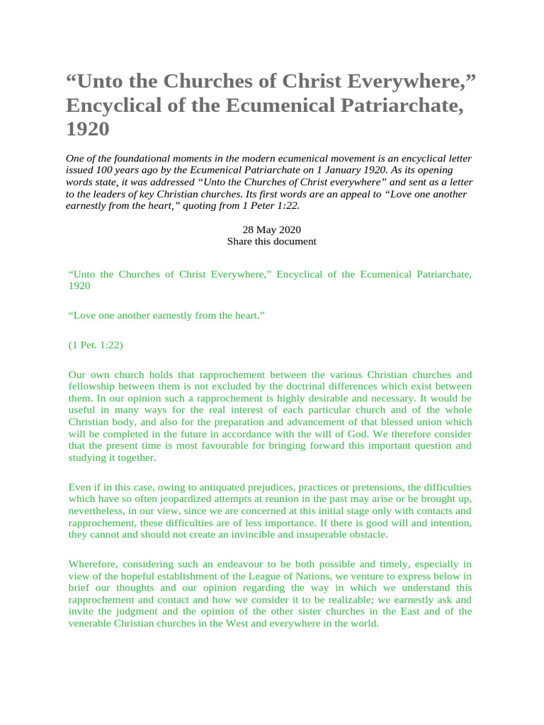 Ecumenical Rapprochement Encyclical | PDF | Ecumenism | Churches Of Christ