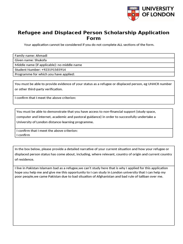 Refugee Scholarship Application Form | PDF