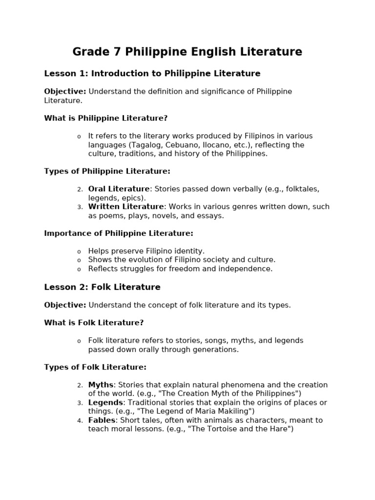 Grade 7 Philippine Literature Overview | PDF