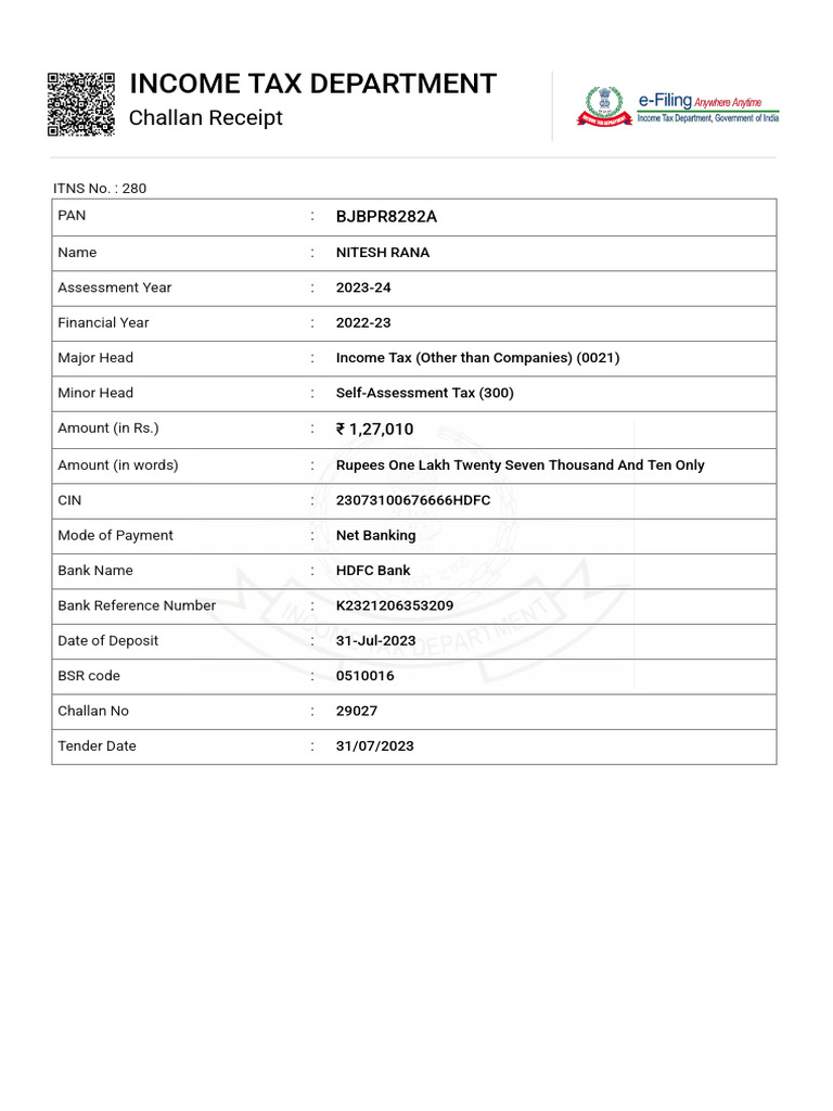 23073100676666HDFC ChallanReceipt | PDF | Taxes | Taxation