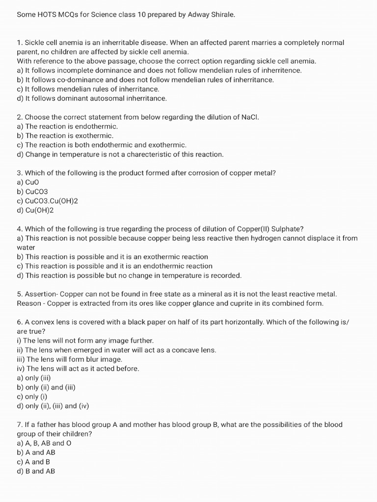 Some HOTS MCQs For Science Class 10 | PDF