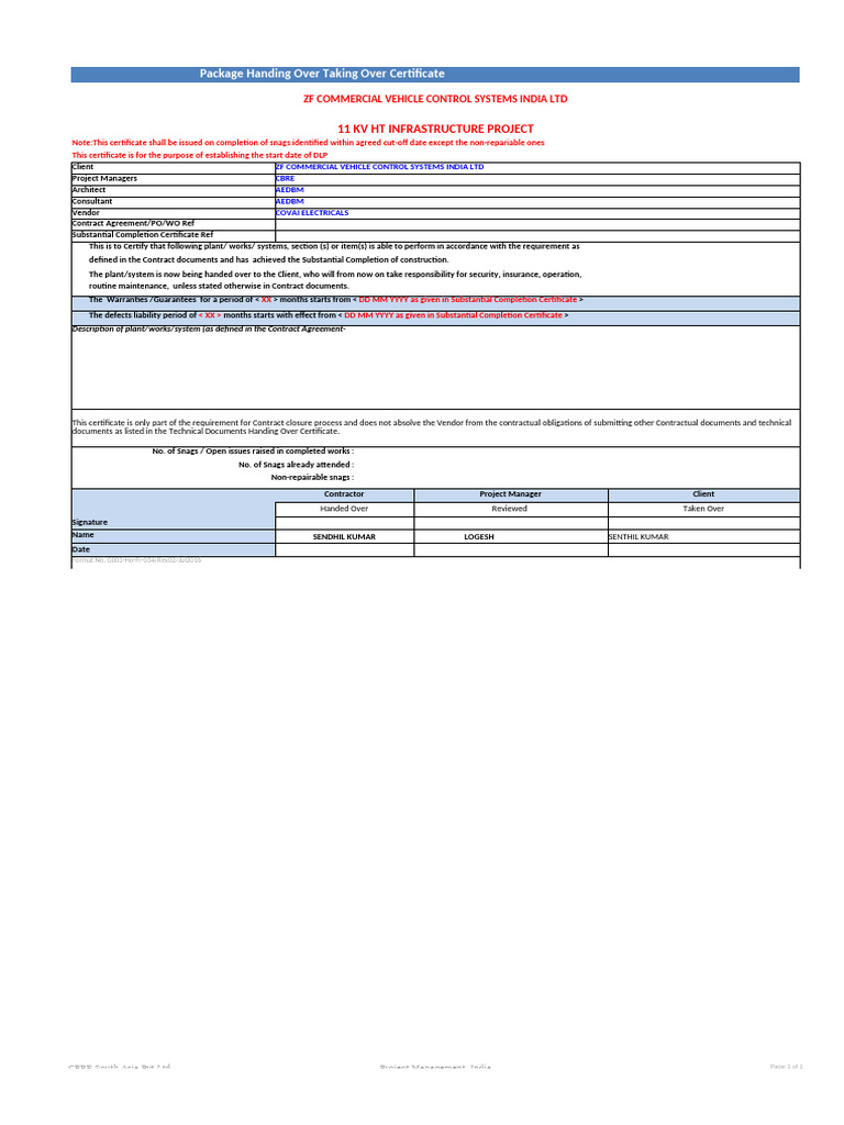 G003-Handing Over Taking Over Cert Format (1) | PDF | Contract Law ...