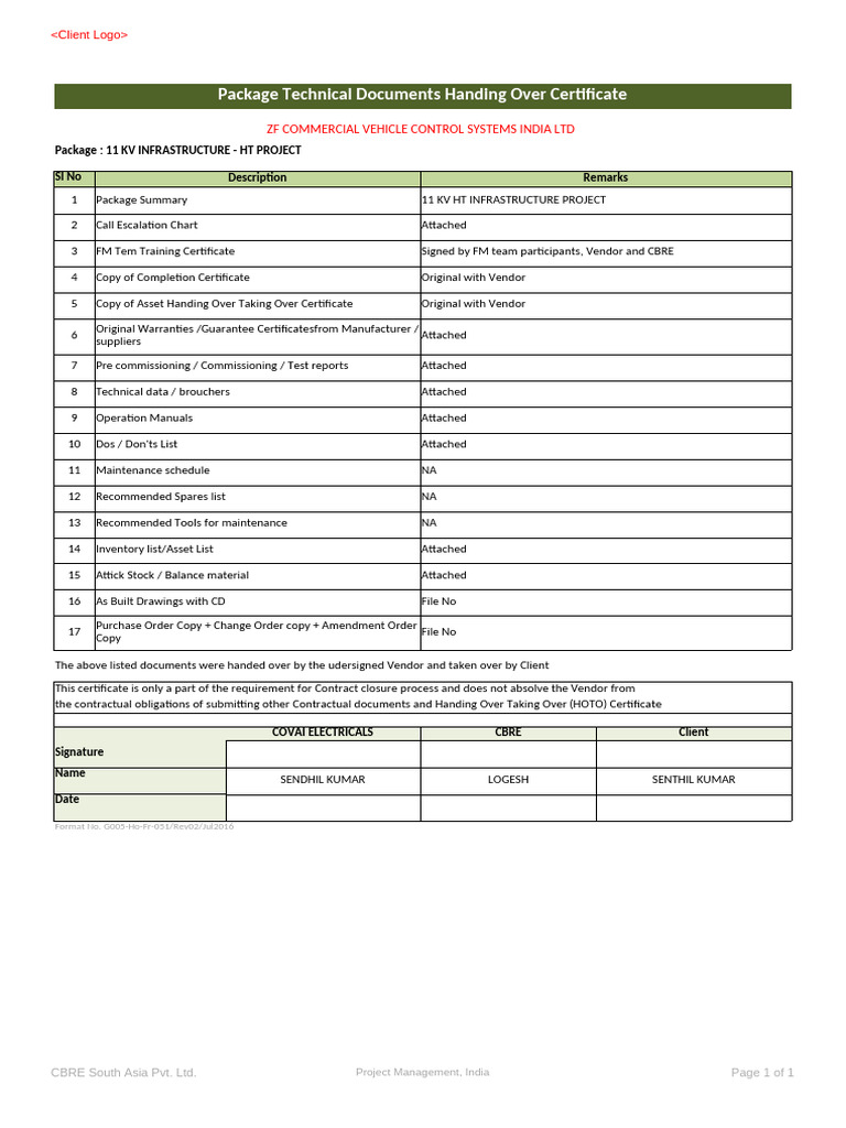 G005-Handing Over Cert Technical Doc Format | PDF | Business