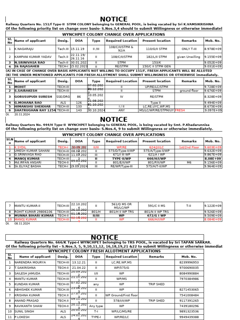 Railway Quarters Change Over Notice | PDF