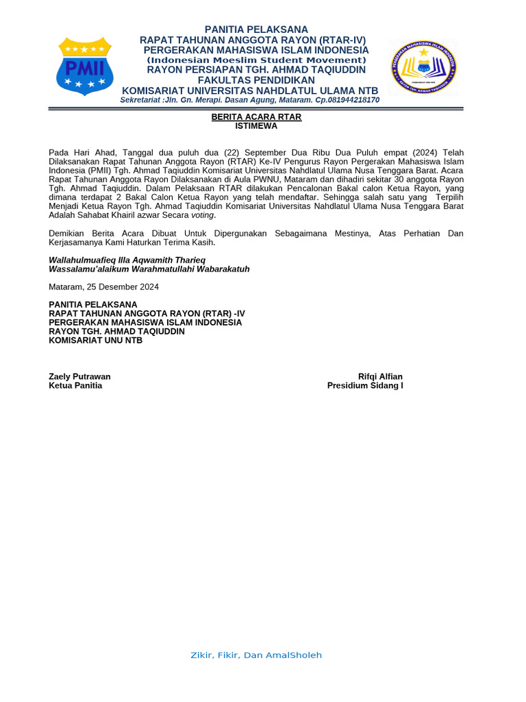 Rapat Tahunan PMII Rayon Taqiuddin | PDF