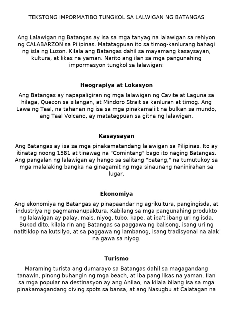 Tekstong Impormatibo Tungkol Sa Lalwigan NG Batangas | PDF