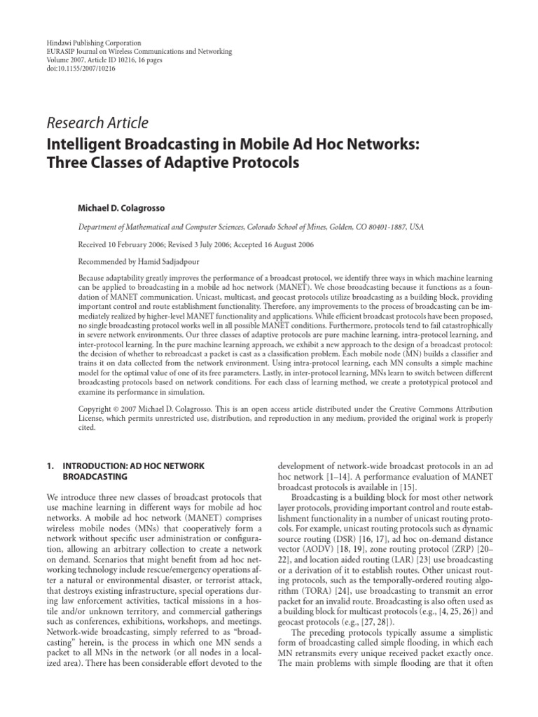 Intelligent Broadcasting in Mobile Ad HocNetworks: Three Classes of Adaptive Protocols | PDF ...