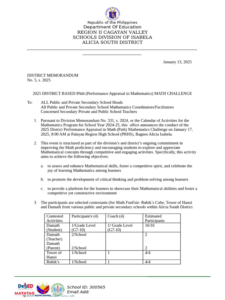 2025 Math Challenge District Memo | PDF | Mathematics | Learning