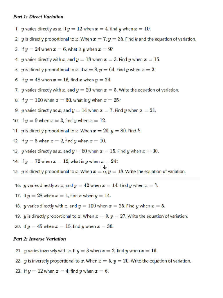 Variation Worksheet | PDF