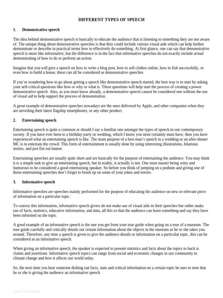 Different Types of Speech | PDF | Public Speaking | Persuasion