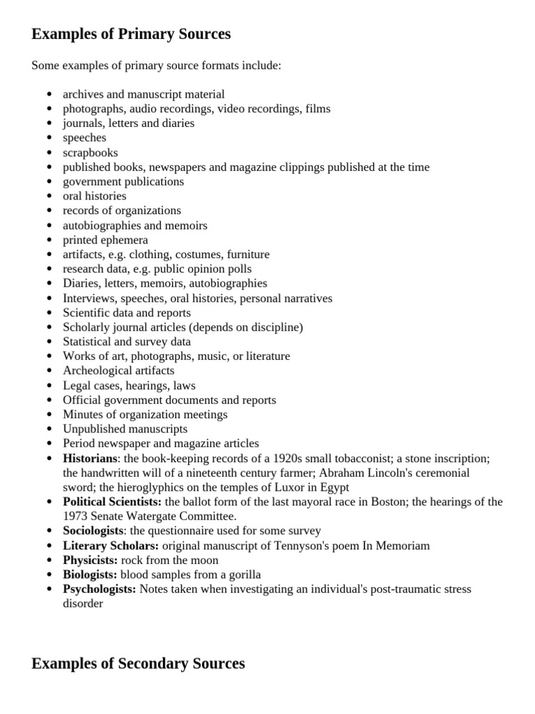 Examples of Primary & Secondary Sources | PDF | Books | Encyclopedias