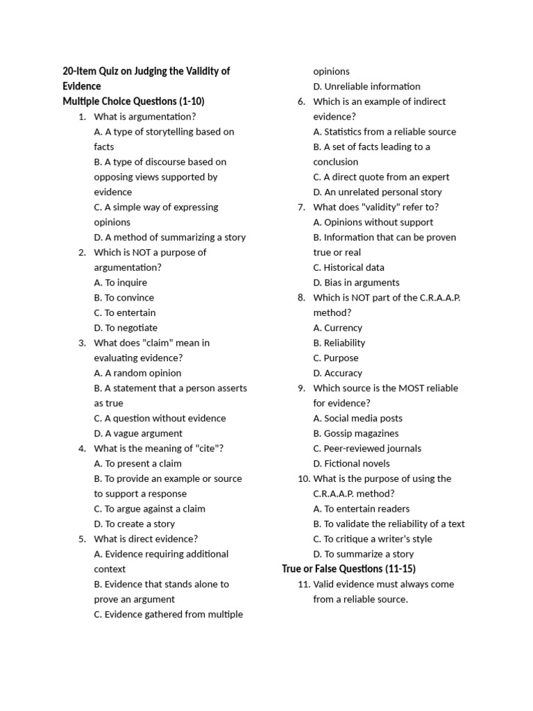 Validity of Evidence Quiz: 20 Questions | PDF | Argument | Evidence