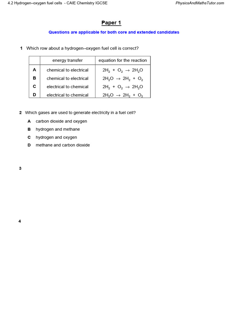 4.2 Hydrogen-Oxygen Fuel Cells MCQ QP | PDF | Hydrogen | Fuel Cell