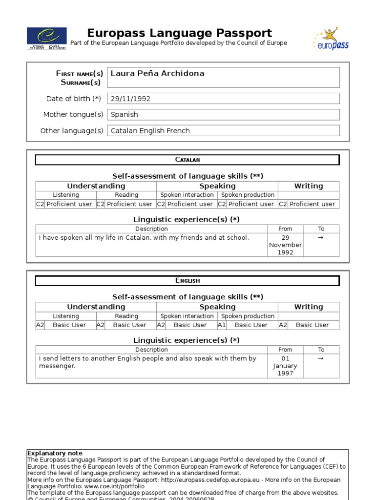 Europass Language Passport: F S Laura Peña Archidona | PDF | Human ...