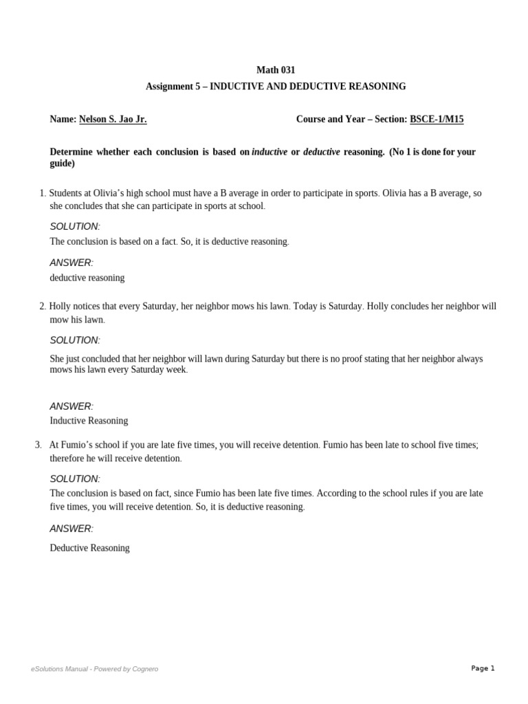 Assignment 5 Inductive-Deductive Reasoning Jao | PDF | Deductive Reasoning | Reason