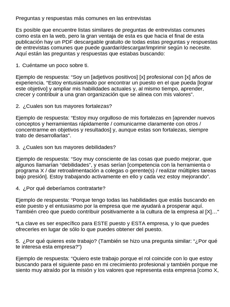 Las Preguntas y Respuestas de Entrevista Más Comunes | PDF