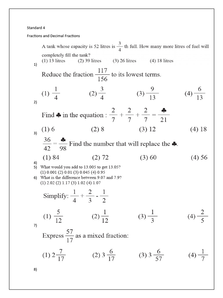 Standard 4 Fractions & Decimal | PDF