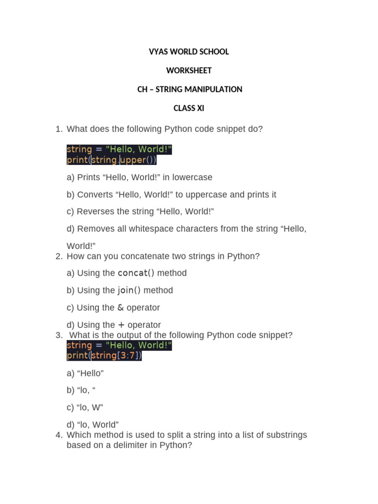 XI - Worksheet On Sting Manipulation | PDF | String (Computer Science) | Letter Case